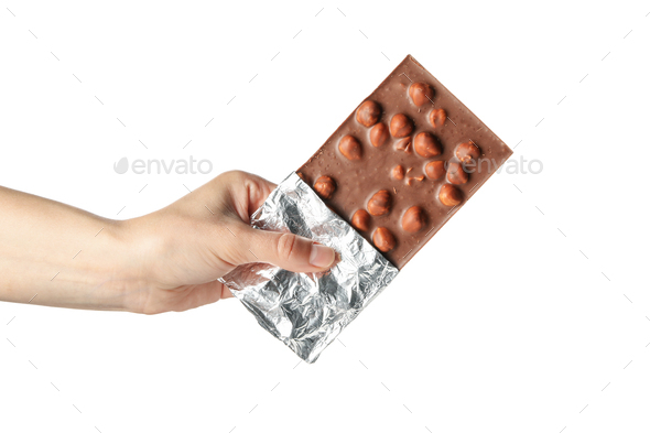 Female hand holding chocolate bar, isolated on white background Stock ...
