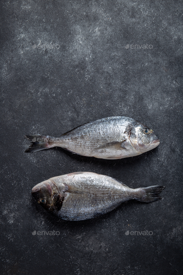 Fresh bream fish on dark background. Copy space, top view Stock Photo ...