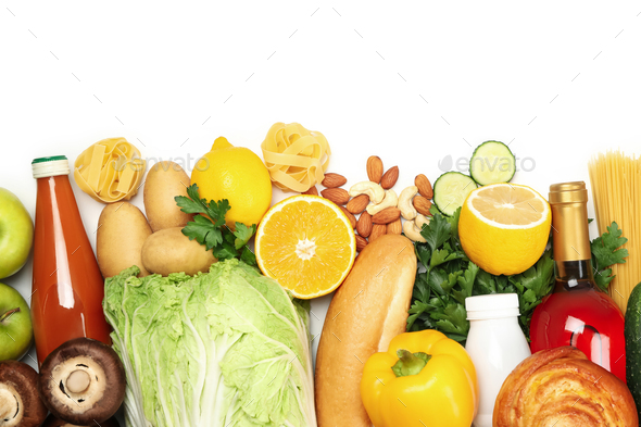 Different food isolated on white background, top view and space for ...