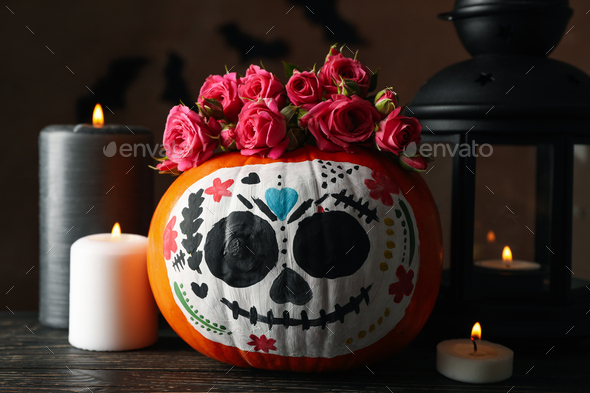 Pumpkin with catrina skull makeup and halloween accessories Stock Photo ...