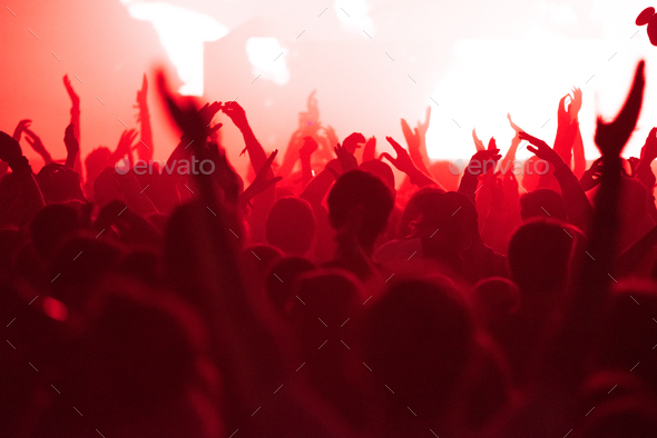 Concert crowd with raised arms applauding and partying at music ...