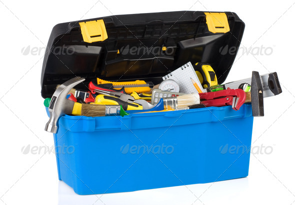 tools in construction toolbox isolated on white Stock Photo by seregam