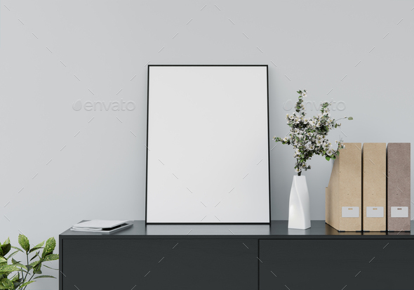 Office room with work desk and picture frame Stock Photo by Johnstocker