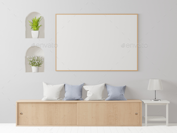 Office room with work desk and picture frame Stock Photo by Johnstocker