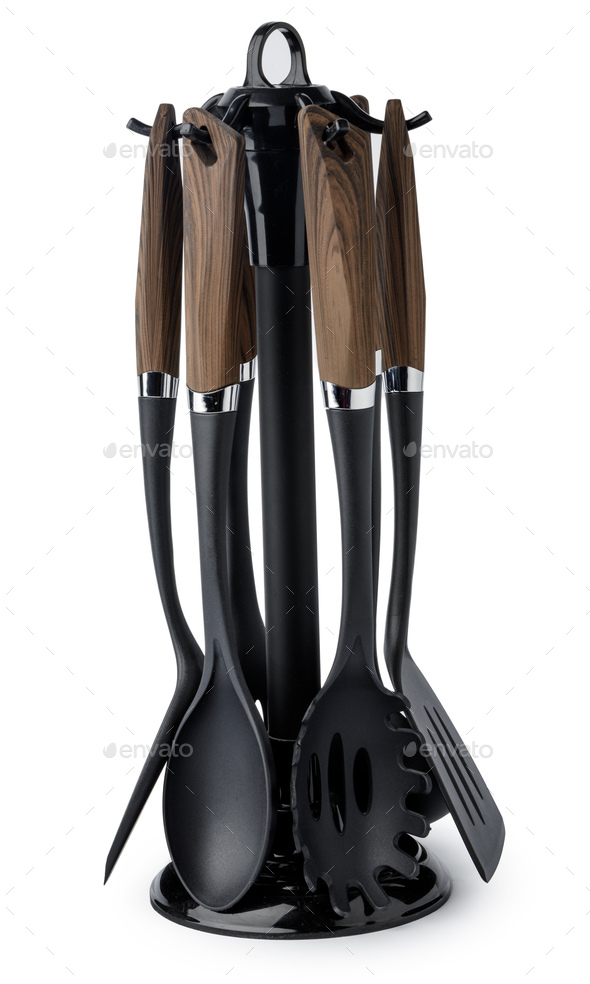 Stand with set of kitchen utensils on white background Stock Photo by ...