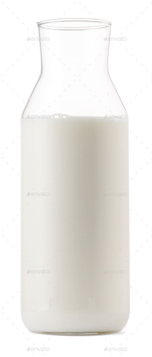 Open glass bottle of milk isolated on white Stock Photo by FabrikaPhoto