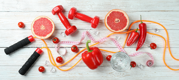 Healthy lifestyle accessories on white wooden table Stock Photo by ...