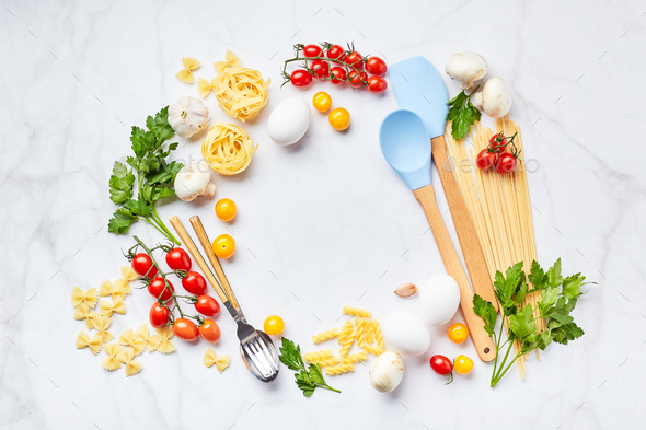 Food background with place for text, with different kinds of pasta ...