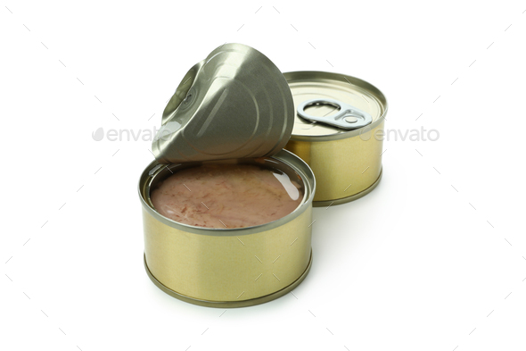 Tins with canned tuna isolated on white background Stock Photo by ...