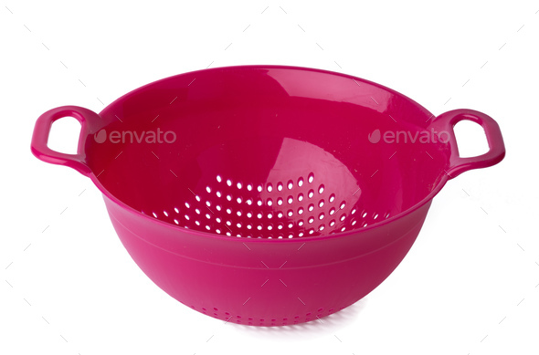 New plastic kitchen colander isolated on white Stock Photo by FabrikaPhoto