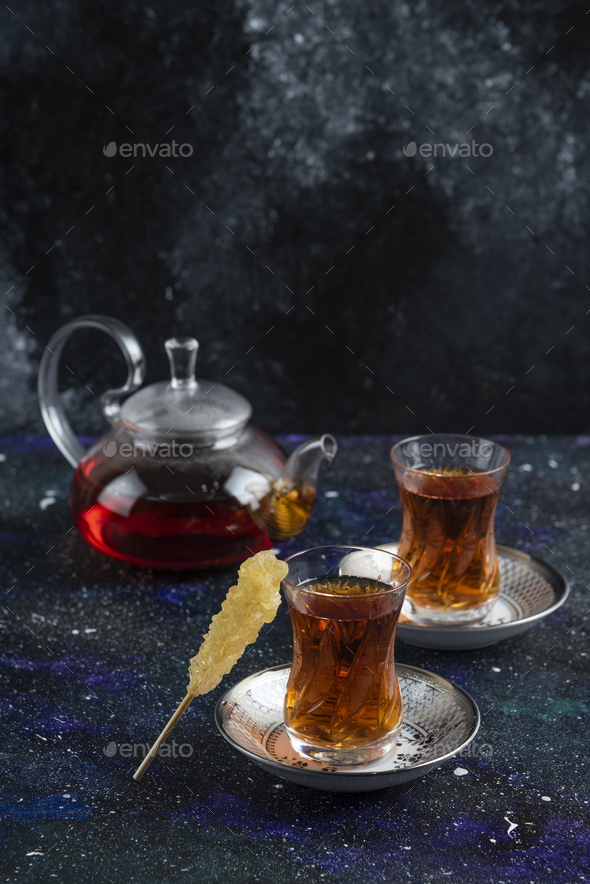 Vertical photo of tea table. Teapot and two glass tea Stock Photo by ...