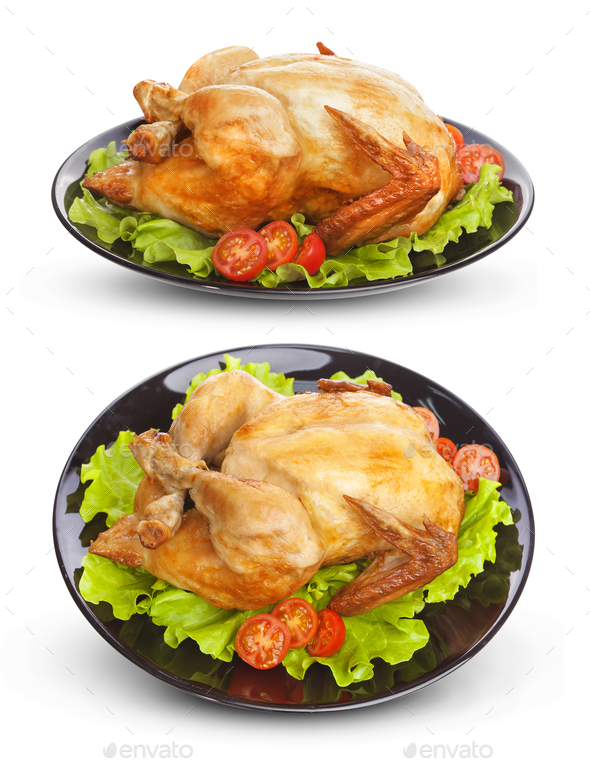Roasted chicken isolated on white background Stock Photo by xamtiw