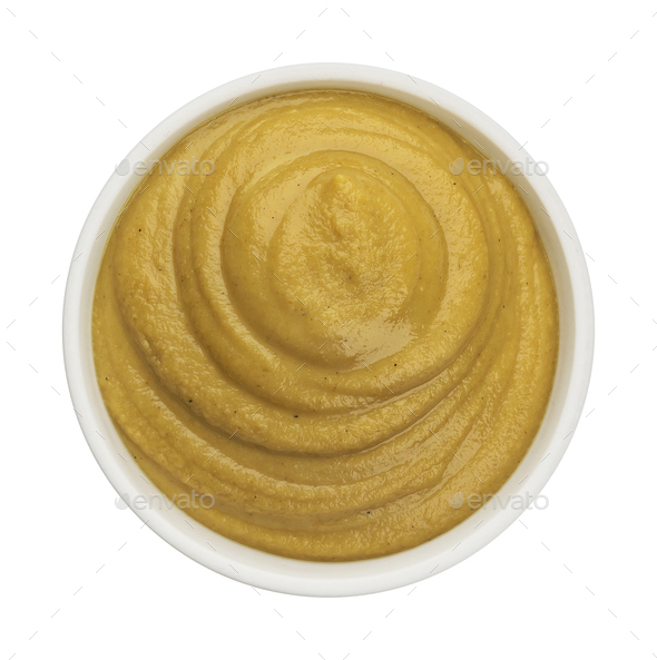Mustard isolated on white background. Top view Stock Photo by xamtiw