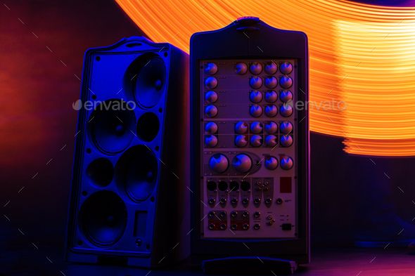 Audio system stereo column on dark background Stock Photo by FabrikaPhoto