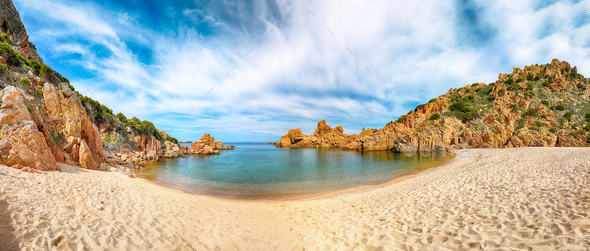 Captivating view of Li Cossi beach on Costa Paradiso resort. Stock ...