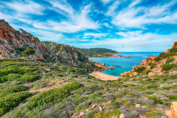 Breathtaking view of Li Cossi beach on Costa Paradiso resort. Stock ...