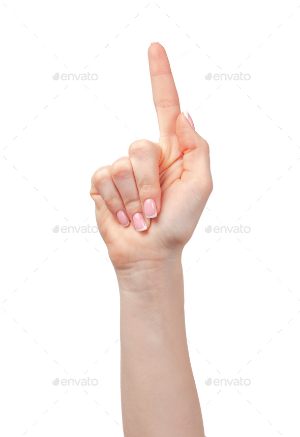 Female hand showing one finger up on white Stock Photo by FabrikaPhoto