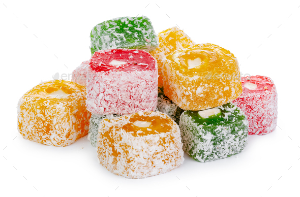 Bunch of colorful Turkish Delight sweets isolated on white Stock Photo ...