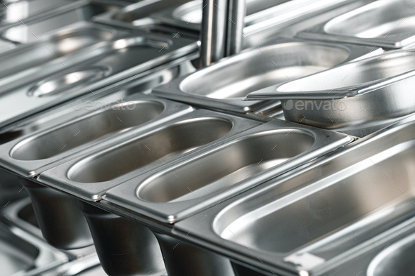 Industrial kitchen metal trays for buffet catering Stock Photo by ...