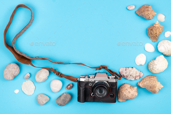 camera and seashells on a blue background.Background for the traveler ...