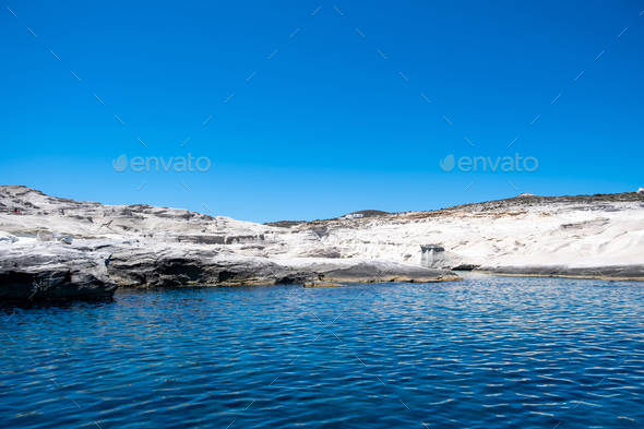 Sarakiniko beach at Milos island, Cyclades Greece. White rock ...