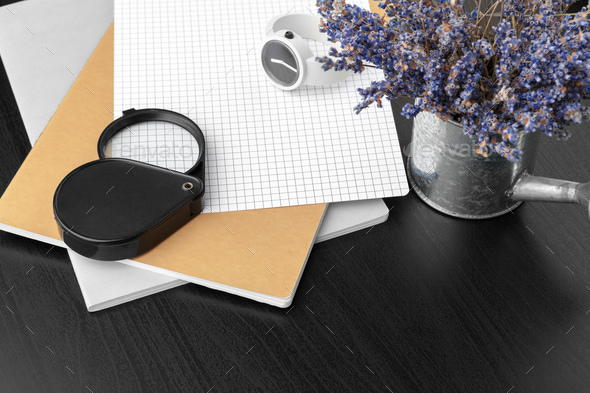 Modern workplace on wooden table with a lot of things on it. Top view ...