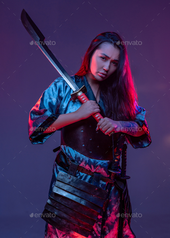Female assassin from east in kimono with katana Stock Photo by fxquadro