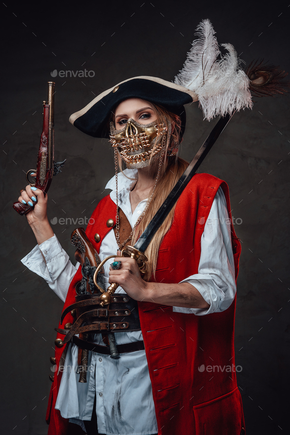 Woman with gun wearing red coat and skull mask Stock Photo by fxquadro