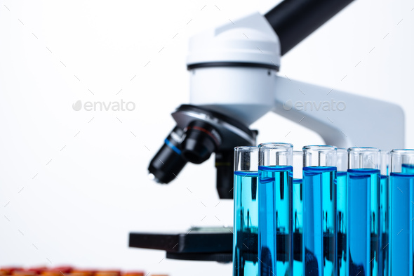 Microscope with test tubes for research close up Stock Photo by ...