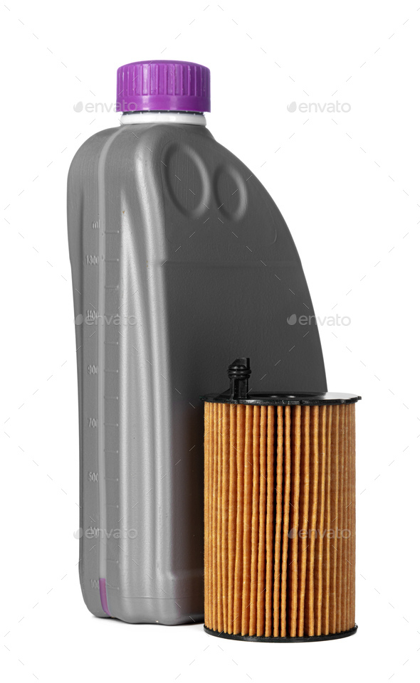 Car filters and motor oil can isolated on white Stock Photo by FabrikaPhoto