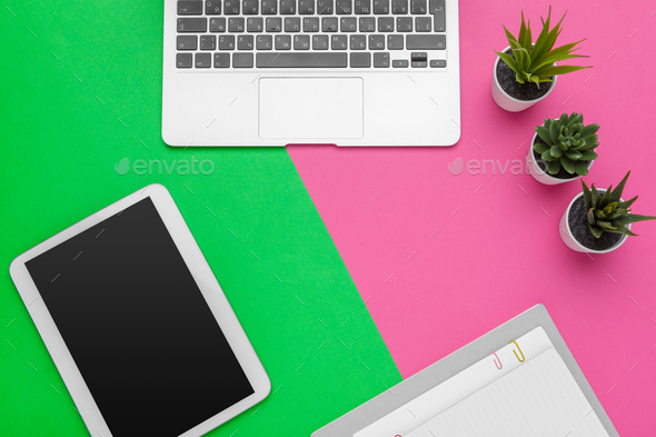 Table top view aerial image of accessories office desk background ...