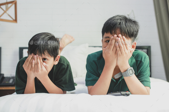 Scared Expression from Two Boys Who Watched Scary Movie Stock Photo by ...