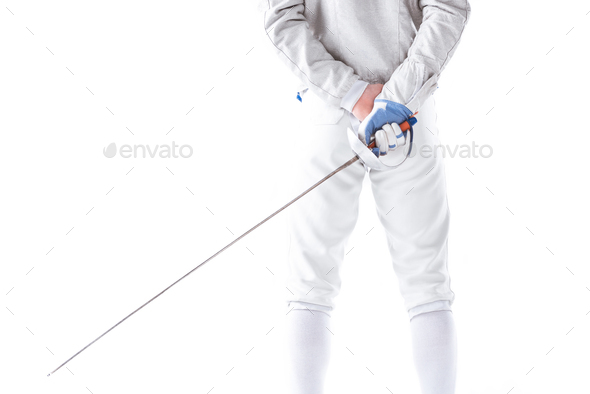 back view of fencer in uniform holding rapier in hand isolated on white ...