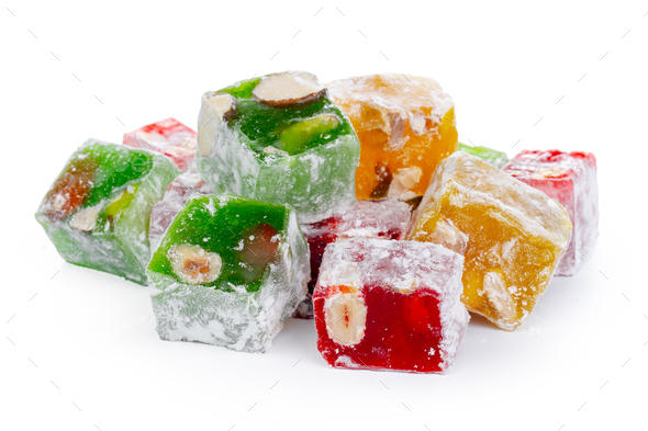 Bunch of colorful Turkish Delight sweets isolated on white Stock Photo ...