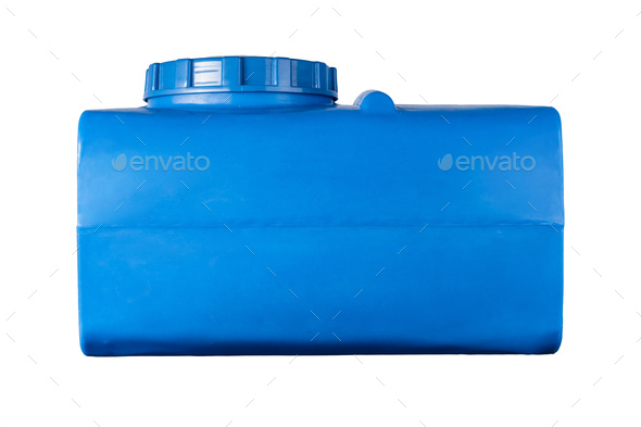 Blue plastic water tank isolated on white Stock Photo by FabrikaPhoto