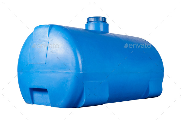 Blue plastic water tank isolated on white Stock Photo by FabrikaPhoto