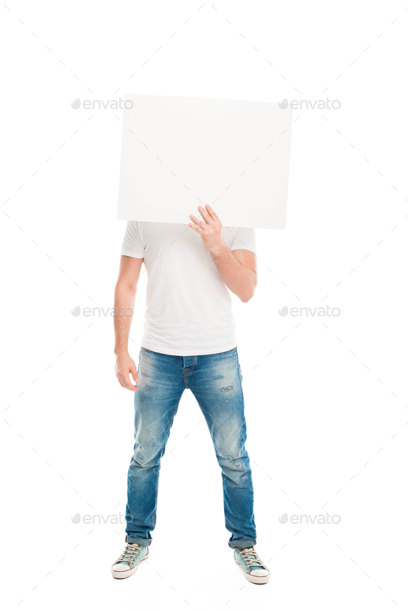 Handsome man hiding face by blank banner, isolated on white Stock Photo ...