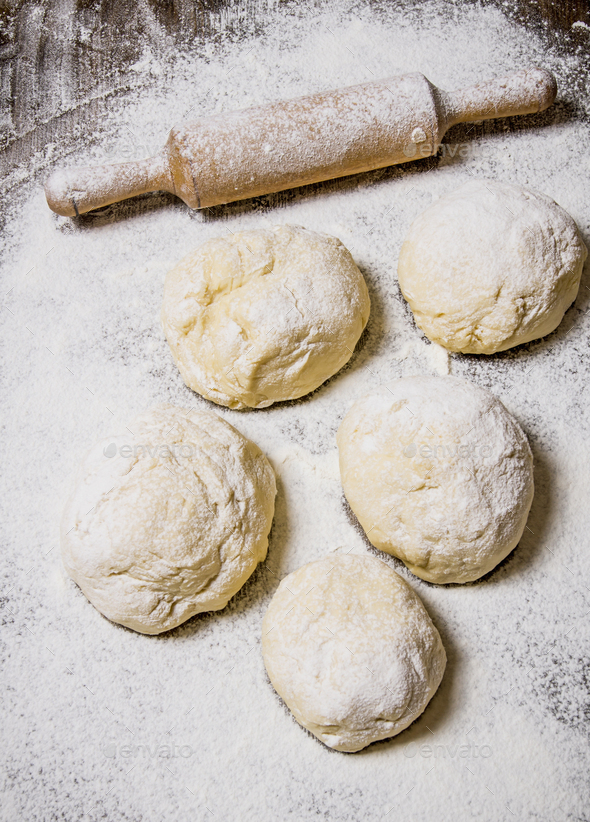 Preparation of the dough. The prepared dough with flour and with a ...