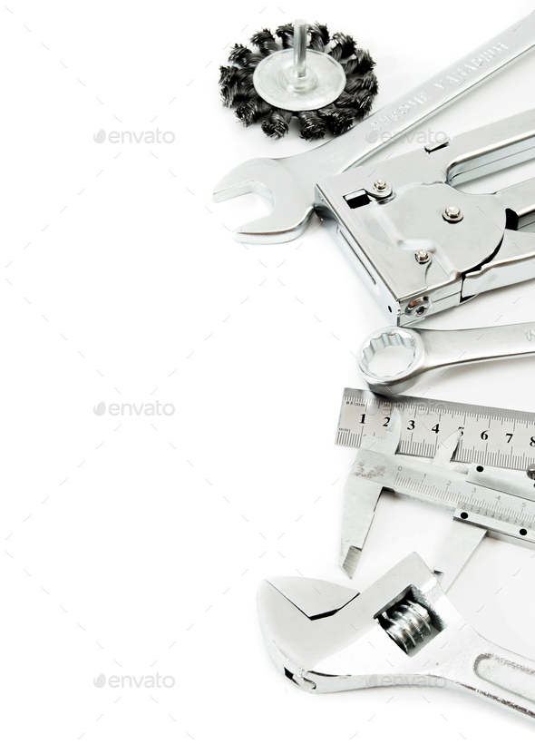 Metalwork. Ruler, caliper and others tools on white background. Stock ...
