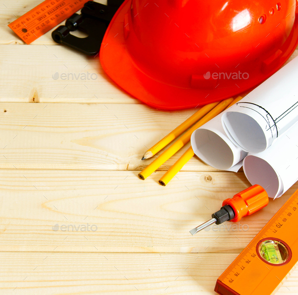 Repair work. Drawings for building, pencils, screw-driver and others ...