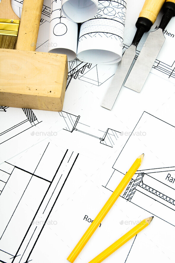 Joiner's works. Drawings for building and working tools. Stock Photo by ...