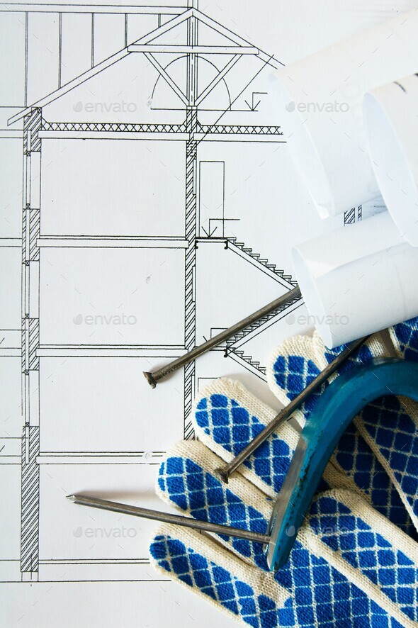 Repair work. Drawings for building, mount and gloves on wooden ...