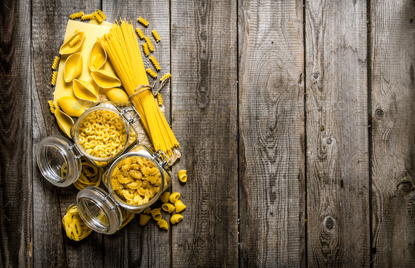 Dry pasta in cans and mixed the pasta with spaghetti. Stock Photo by ...