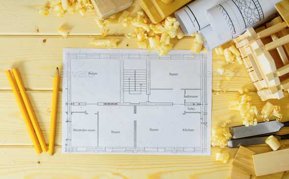Woodworking. Drawings for building, small house and working tools on ...