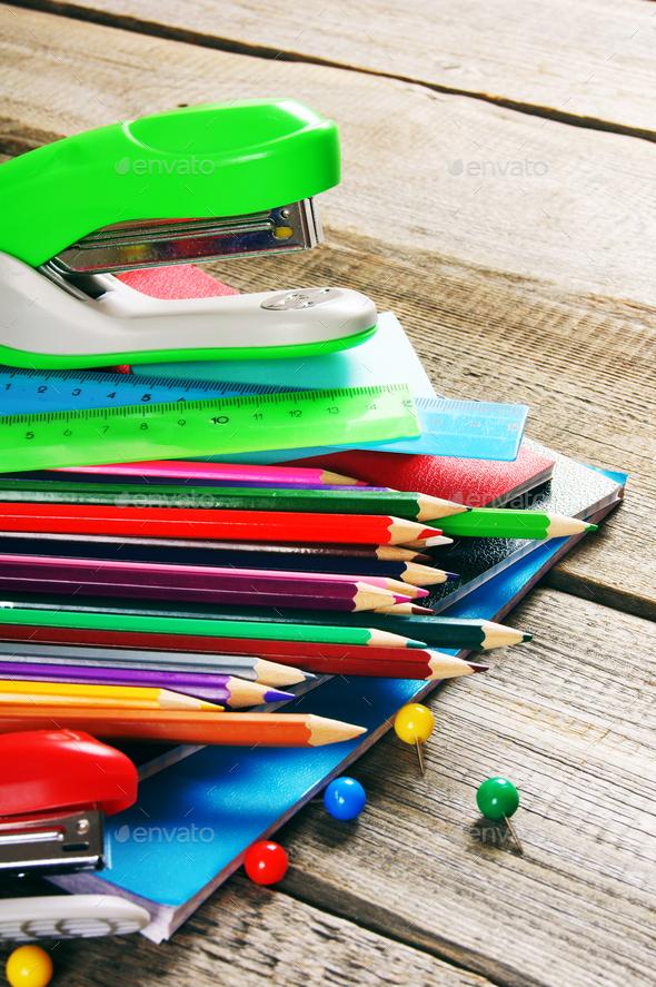 School tools. On wooden background. Stock Photo by Artem_ka | PhotoDune