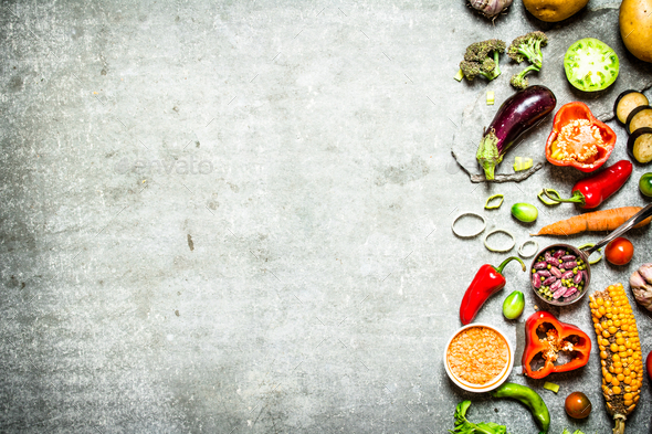 Healthy food. Pieces of fresh vegetables and beans. Stock Photo by Artem_ka