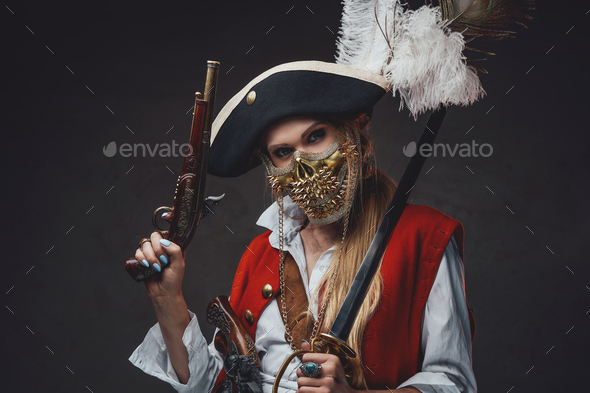 Woman with gun wearing red coat and skull mask Stock Photo by fxquadro