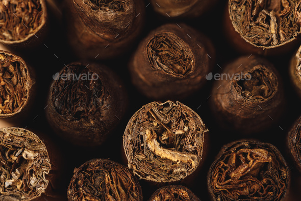 Pile of new cigars close up on wooden table Stock Photo by FabrikaPhoto