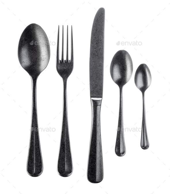 Set of silverware isolated on white background Stock Photo by FabrikaPhoto