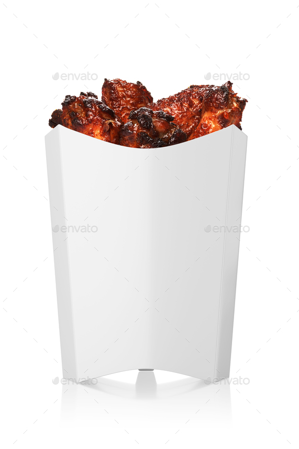 Chicken wings in a white paper take out box isolated on white ...